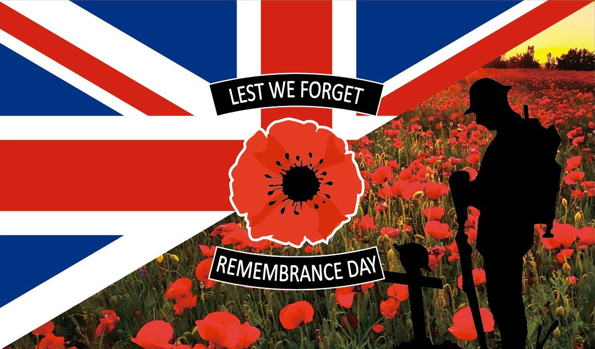 Soldier with poppy remembrance flag 5ft x 3ft with eyelets – Flagseller